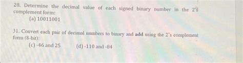 solved 28 determine the decimal value of each signed binary