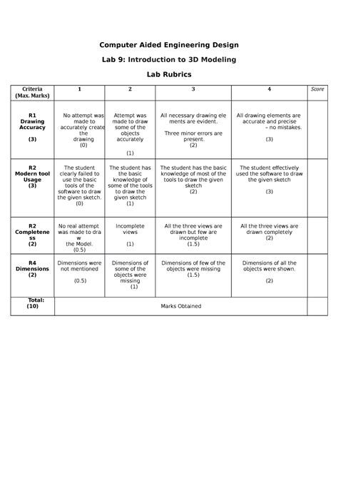 caed lab 9 rubrics 1 computer aided engineering design lab 9 introduction to 3d modeling lab