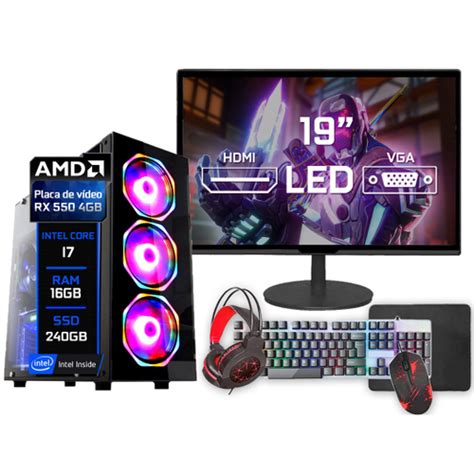 Pc Gamer Completo Fácil Intel i7 16GB rx 550 4GB ssd 240GB Monitor 19