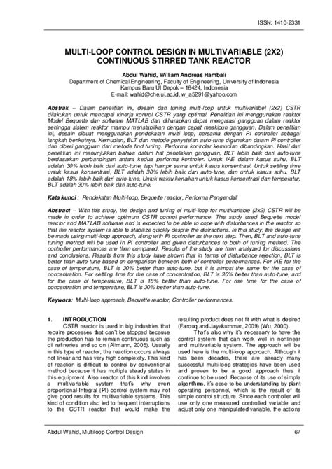 pdf multi loop control design in multivariable 2x2 continuous stirred tank reactor abdul