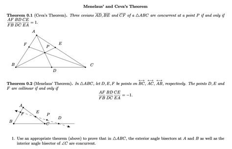 solved menelaus and ceva s theorem theorem 0 1 ceva s theorem three cevians ad be and cf of
