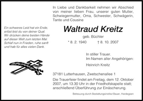 Trauer Und Todesanzeigen Von Waltraud Kreitz Trauer De