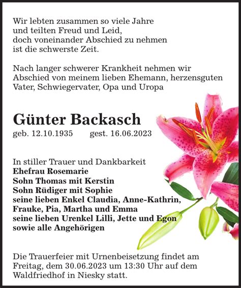Günter Backasch Traueranzeige Sächsische Zeitung