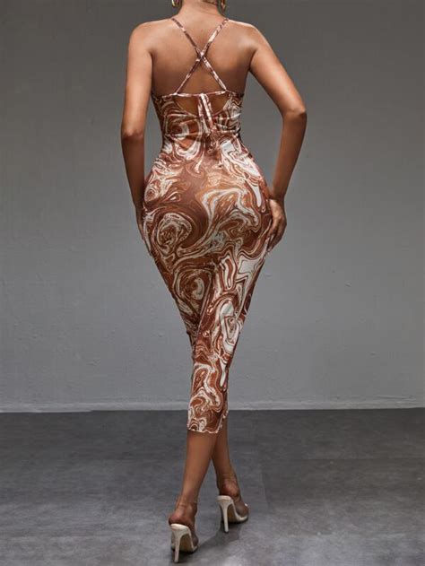 SHEIN SXY Vestido ajustado con estampado de mármol de espalda con