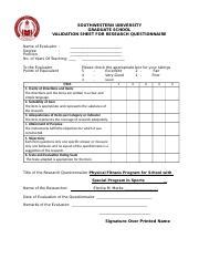 Validation Sheet For Research Questionnaire Docx Southwestern