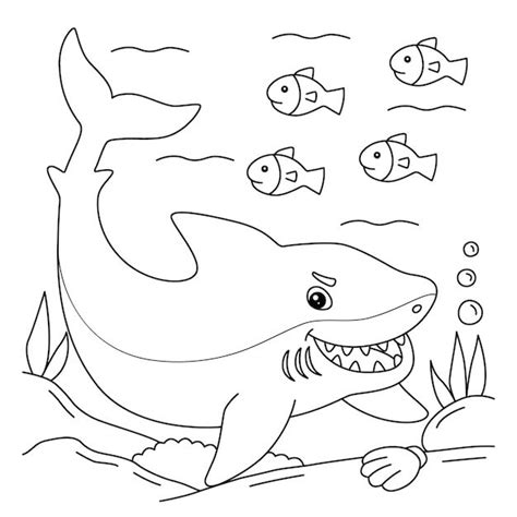Divertido Tiburón con cuatro Peces para colorear imprimir e dibujar