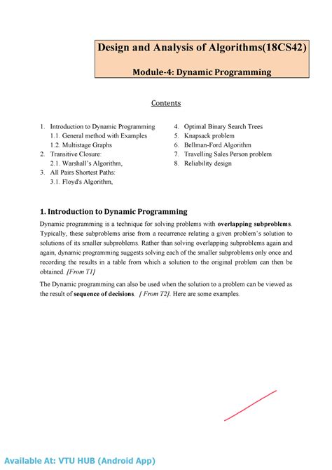 vtuhub ada 4 benki design and analysis of algorithms 18cs42 module 4 dynamic programming