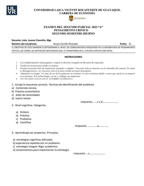 Examen de pensamiento critico 2023A fila 1 Pensamiento Crítico Studocu