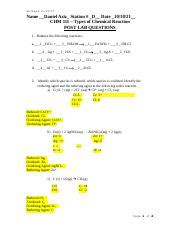 Post Lab CHM 111 Types Of Chemical Reaction Docx Revised 11 10 17