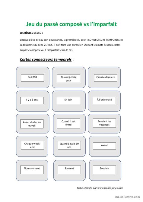 JEU du passé composé ave Français FLE fiches pedagogiques pdf doc