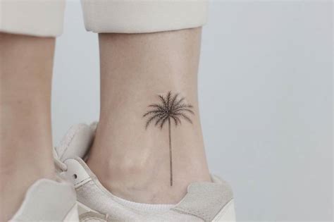 Fine Line Palm Tree Tattoo On The Ankle