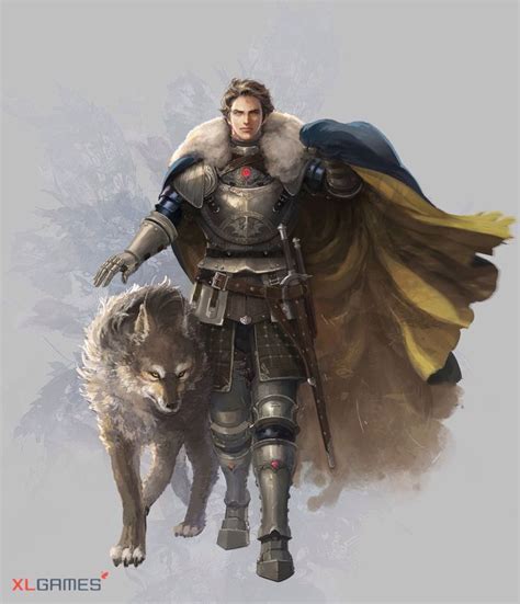 A Man In Armor With A Wolf Standing Next To Him