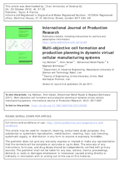 pdf multi objective cell formation and production planning in dynamic virtual cellular