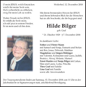 Traueranzeigen von Hilde Bilger Schwarzwälder Bote Trauer