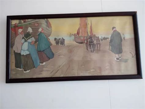 PETIT CADRE ANCIEN en bois scène de bord de mer Pays Bas fac similé H
