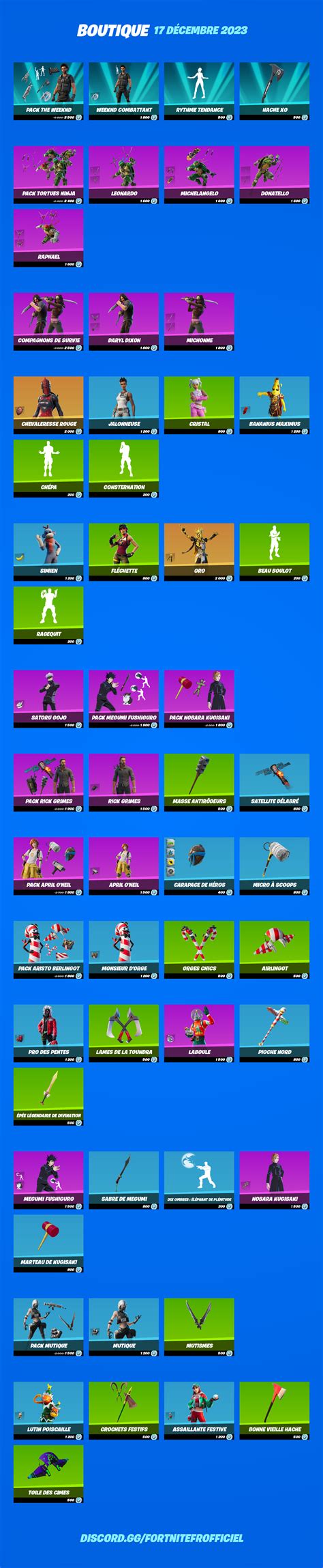 Boutique Fortnite du 17 décembre 2023 quels sont les skins en