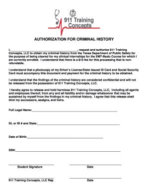Fillable Online DPS Criminal History Authorization Form 911 Training