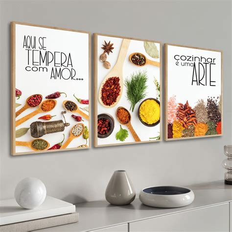 3 Quadros Decorativos Temperos Gastronomia Culinária Moldura