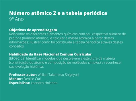 N Mero At Mico Z E A Tabela Peri Dica Planos De Aula Ano Ci Ncias