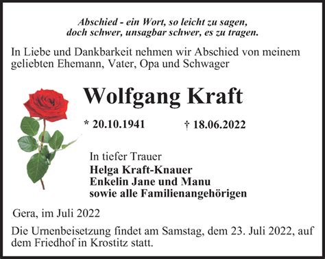 Traueranzeigen Von Wolfgang Kraft Trauer In Thueringen De