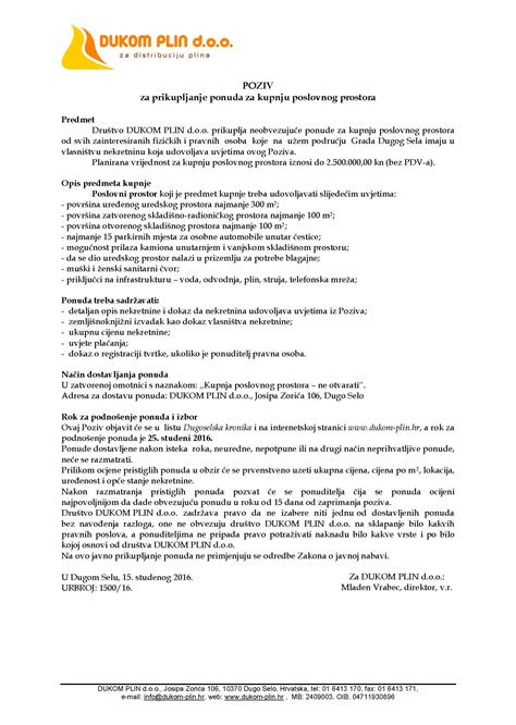 GRAD DUGO SELO DUKOM Plin D O O Objavljuje Javni Poziv Za