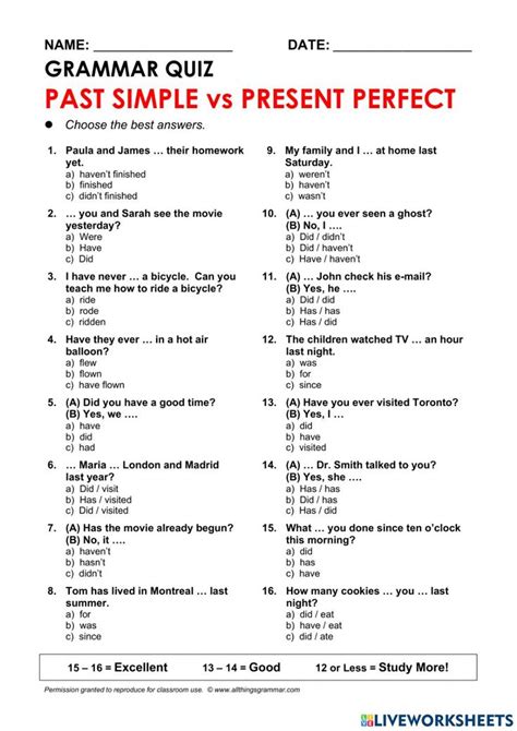 Present Perfect Vs Past Simple Quiz Worksheet English Grammar Test