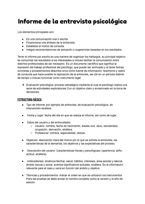 Informe de la entrevista psicológica Informe de la entrevista