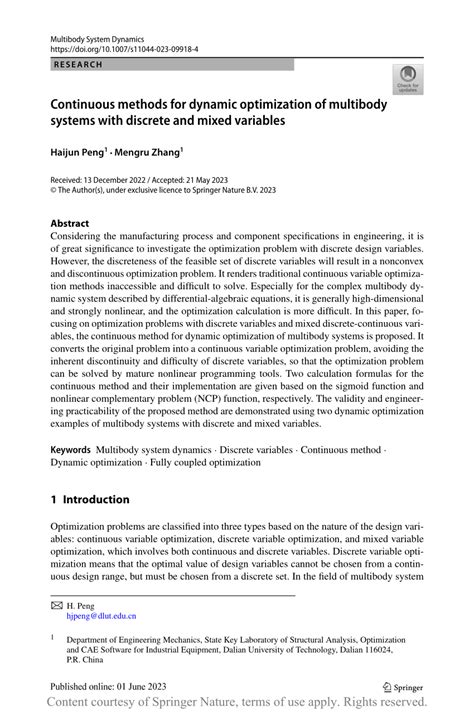 continuous methods for dynamic optimization of multibody systems with discrete and mixed
