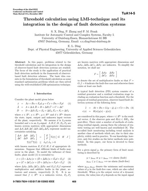 pdf threshold calculation using lmi technique and its integration in the design of fault