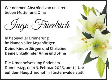 Traueranzeigen von Inge Friedrich Märkische Onlinezeitung Trauerportal
