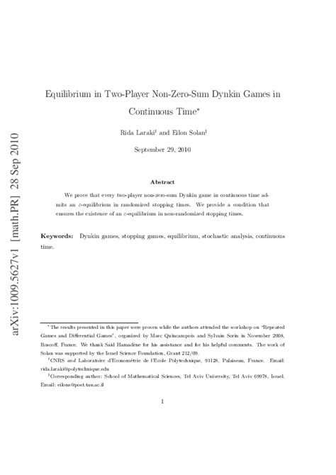 pdf equilibrium in two player non zero sum dynkin games in continuous time rida laraki