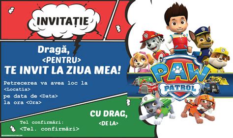 Invitație cu patrula catelusilor Personalizare invitatii la zi de