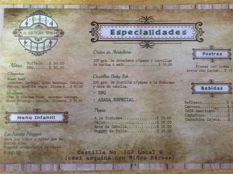 Menu At La Antigua Irina Restaurant Mexico City