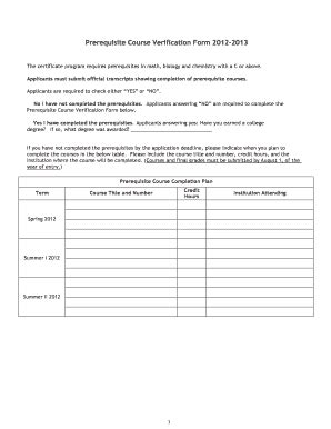 Fillable Online Prerequisite Course Verification Form 2012 2013 Fax