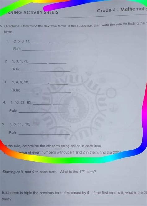 determine the next two terms in the sequence then write the rule for finding the nth terms
