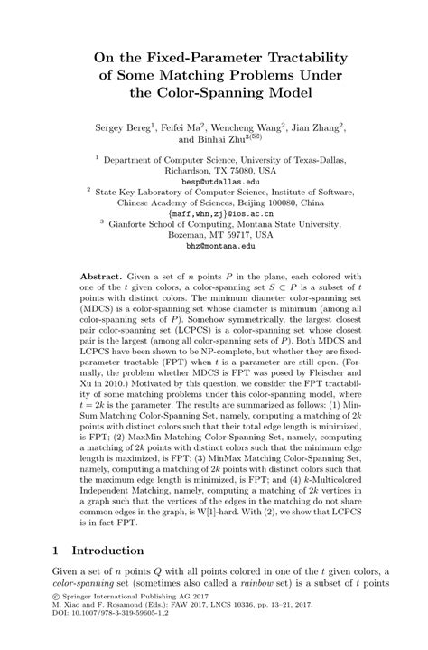 pdf on the fixed parameter tractability of some matching problems under the color spanning model