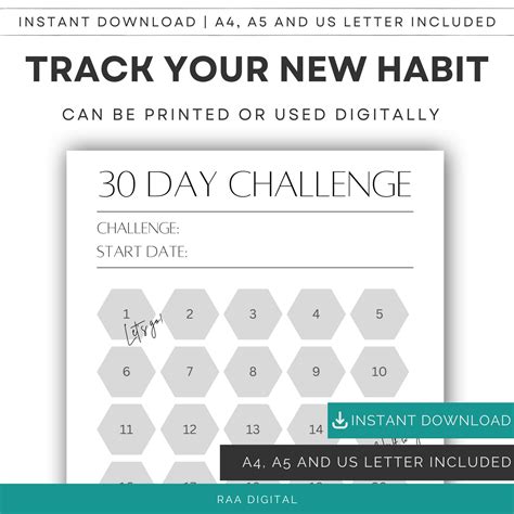 30 Day Challenge Tracker Printable Savings Challenge Habit Tracker A4