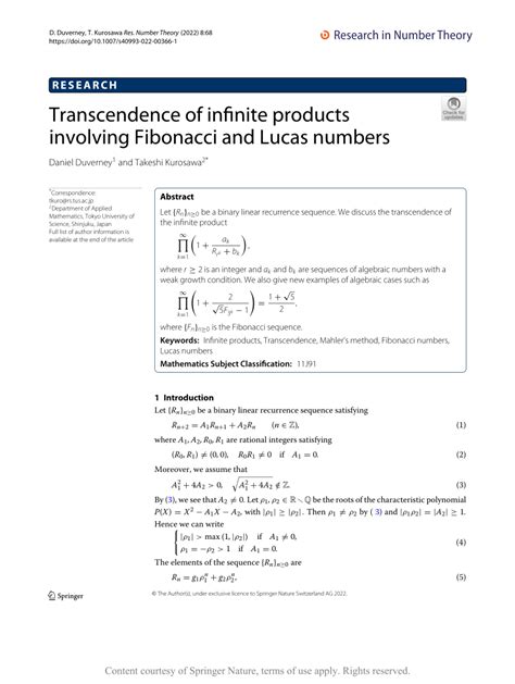 transcendence of infinite products involving fibonacci and lucas numbers request pdf