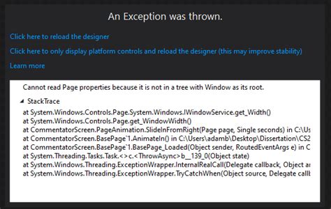 c wpf xaml designer exception cannot read page properties because it is not in a tree with