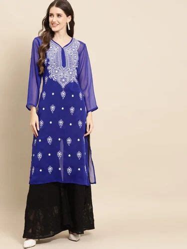 Women Lucknowi Chikankari Straight Georgette Kurta लडज चकन करत