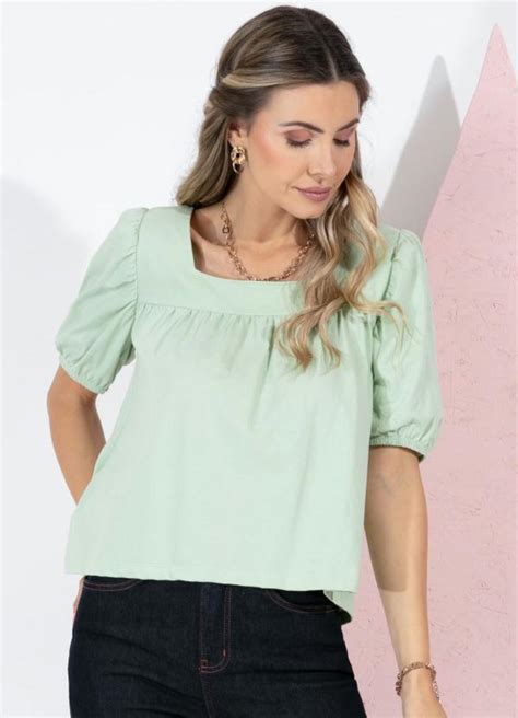 Blusa Verde Decote Quadrado E Franzidos Quintess