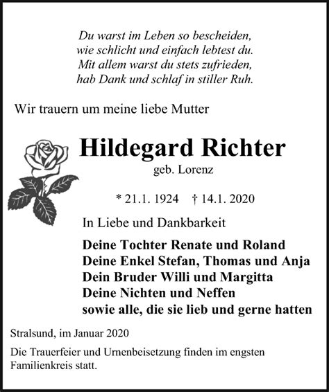 Traueranzeigen Von Hildegard Richter Trauer Anzeigen De