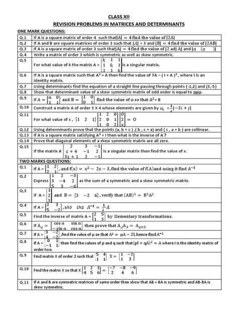 class xii revision problems in matrices and determinants one mark questions pdf matrix