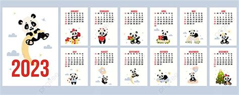 Calendário Anual 2023 Panda Fofo Modelo para download gratuito no