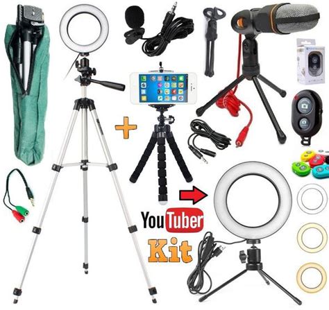 Kit Youtuber Profissional Tripé 1 30m Lapela Microfone Mesa Pc