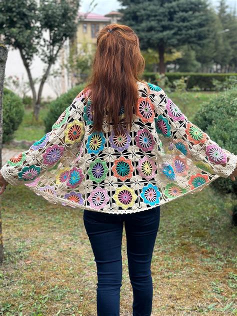 Granny Square Flowers Cardigan Flowers Crochet Cardigan Daisy Knitted
