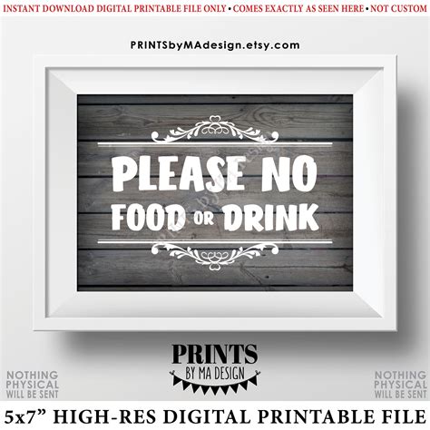 Please No Food Or Drink Sign Keep Food Out PRINTABLE 5x7 Rustic Wood