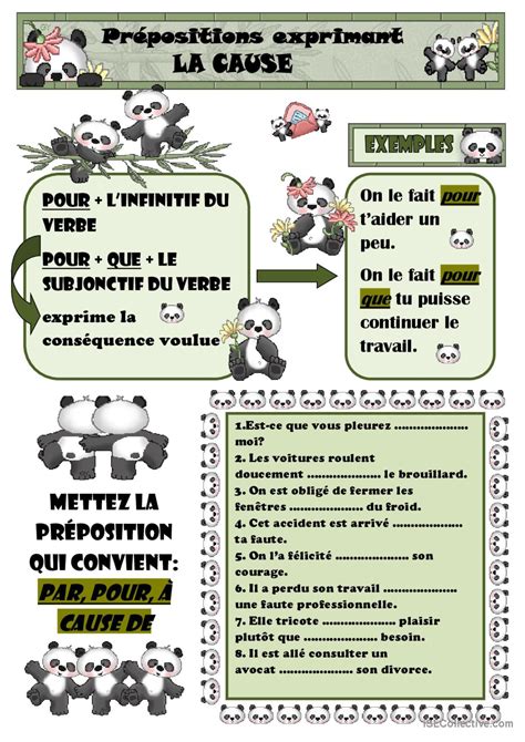Les prépositions CAUSE pratique de Français FLE fiches pedagogiques