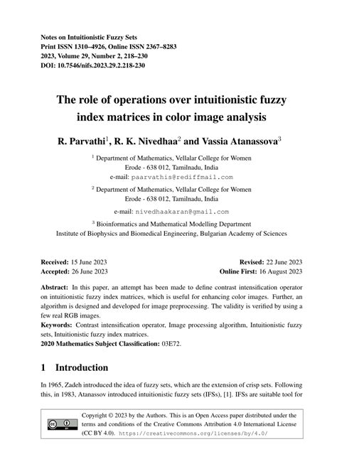 pdf the role of operations over intuitionistic fuzzy index matrices in color image analysis