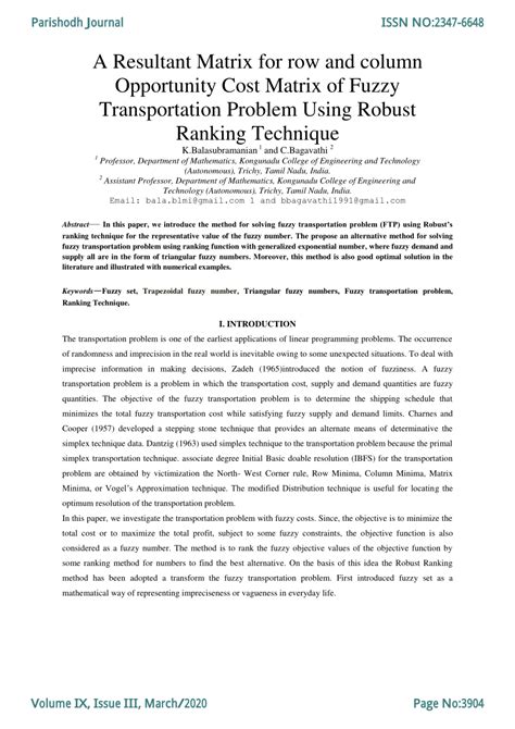 pdf a resultant matrix for row and column opportunity cost matrix of fuzzy transportation